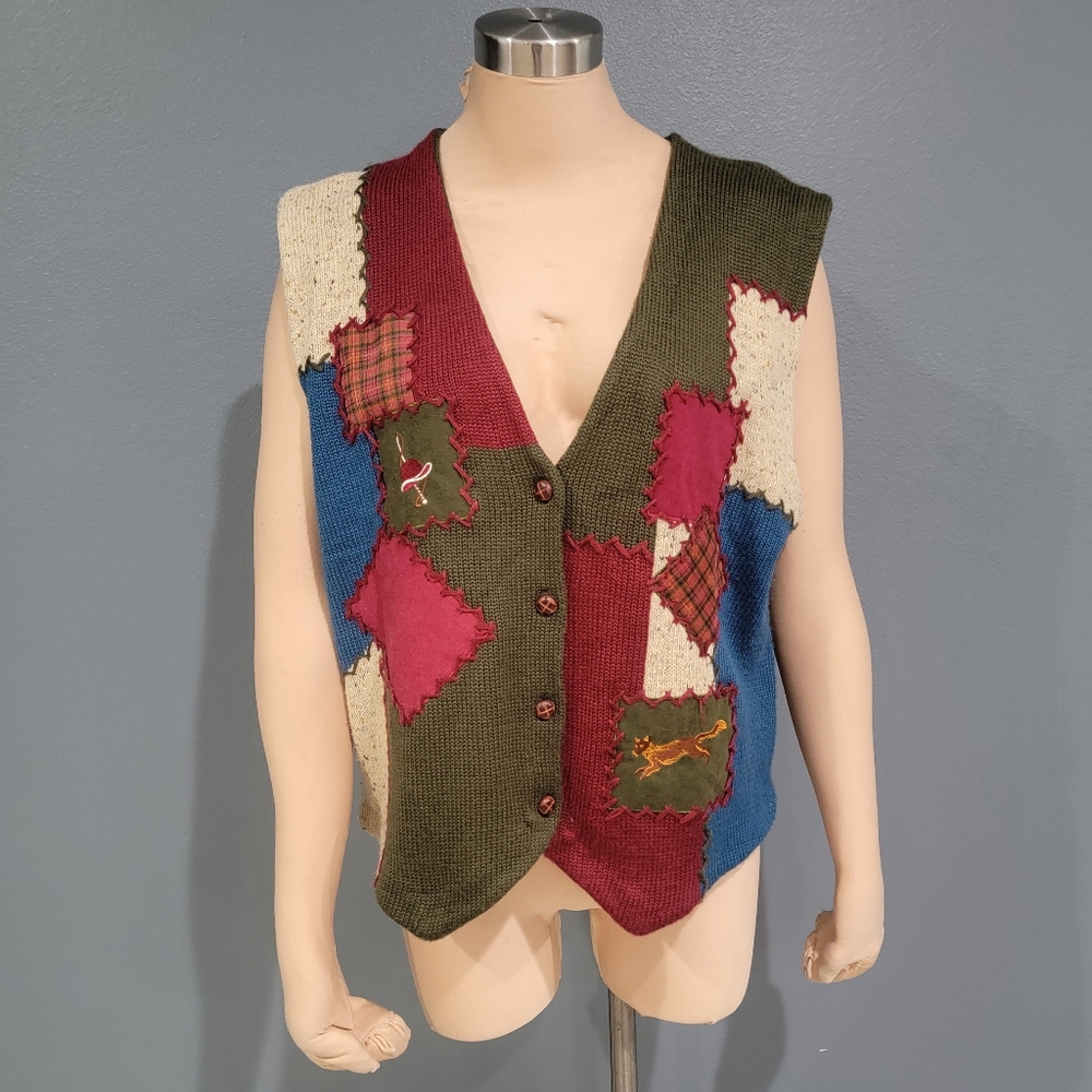 Vtg Koret Wool Blend Patchwork Fox Hunting Vest Xl - Gem
